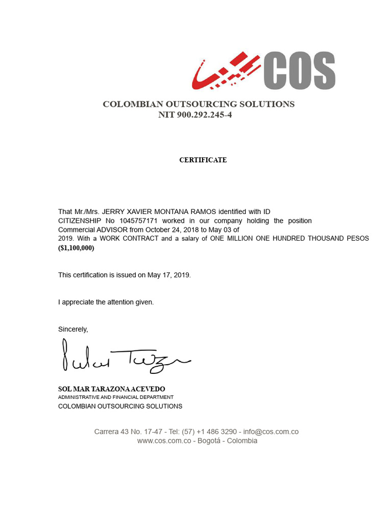 Employment Certificate for Jerry Montana | PDF