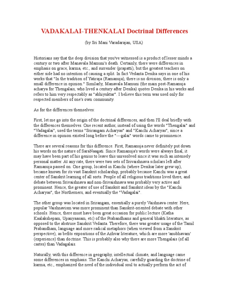 Vadakalai Tenkalai Doctrinal Differences | PDF | Moksha | Eastern ...