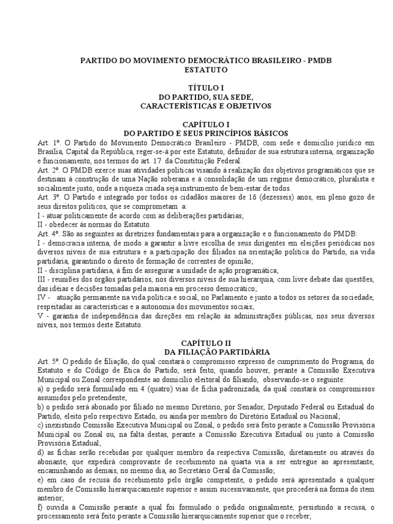 Estatuto do PMDB: Princípios e Filiação | PDF | Eleições | Partidos ...