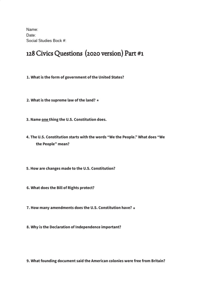 128 Civics Questions for U.S. Government | PDF