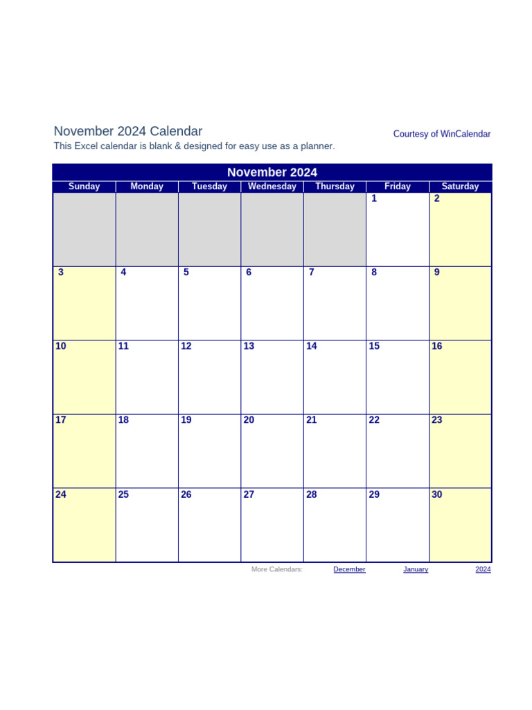November 2024 Excel Calendar Template | PDF