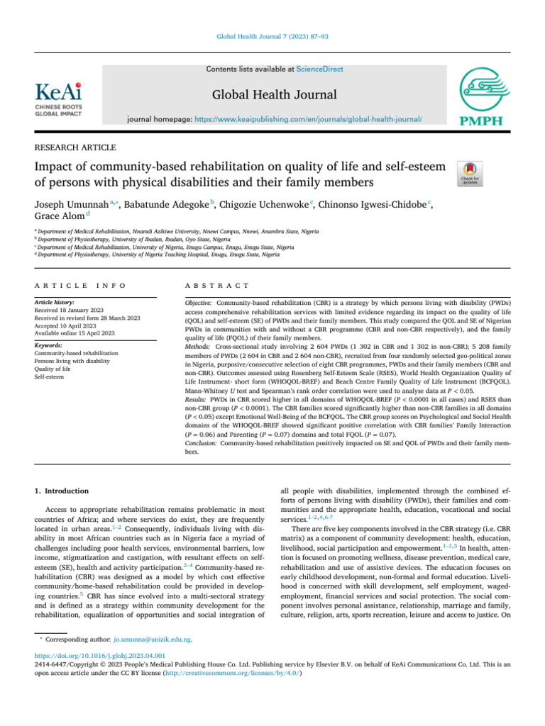 Impact of Community Based Rehabilitation On Quality of Life A 2023 ...