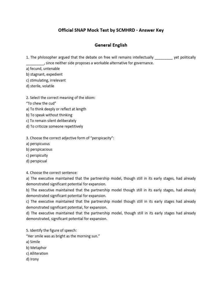 Official SNAP Mock by SCMHRD - Answer Key_251209_171640 | PDF | Speed