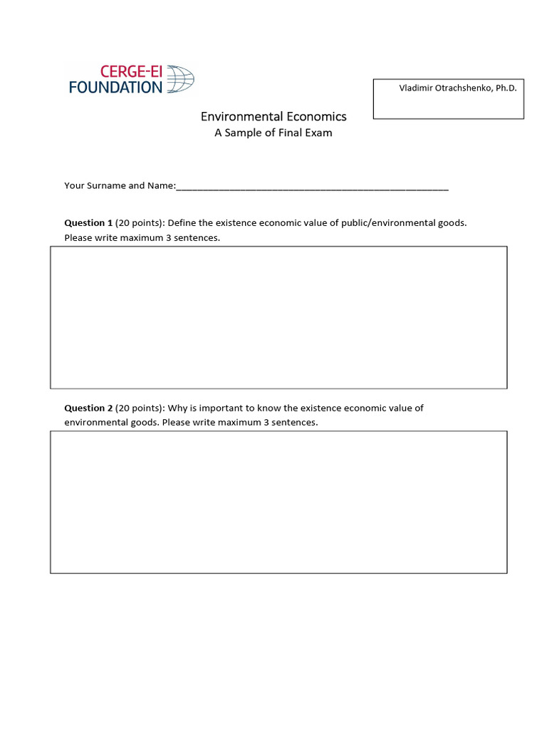 Environmental Economics Exam Sample | PDF