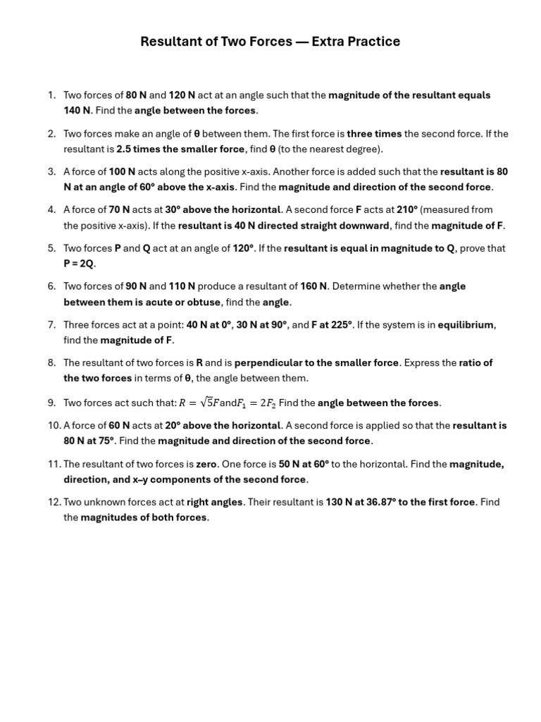 Resultant of Two Forces Advanced Level Questions | PDF