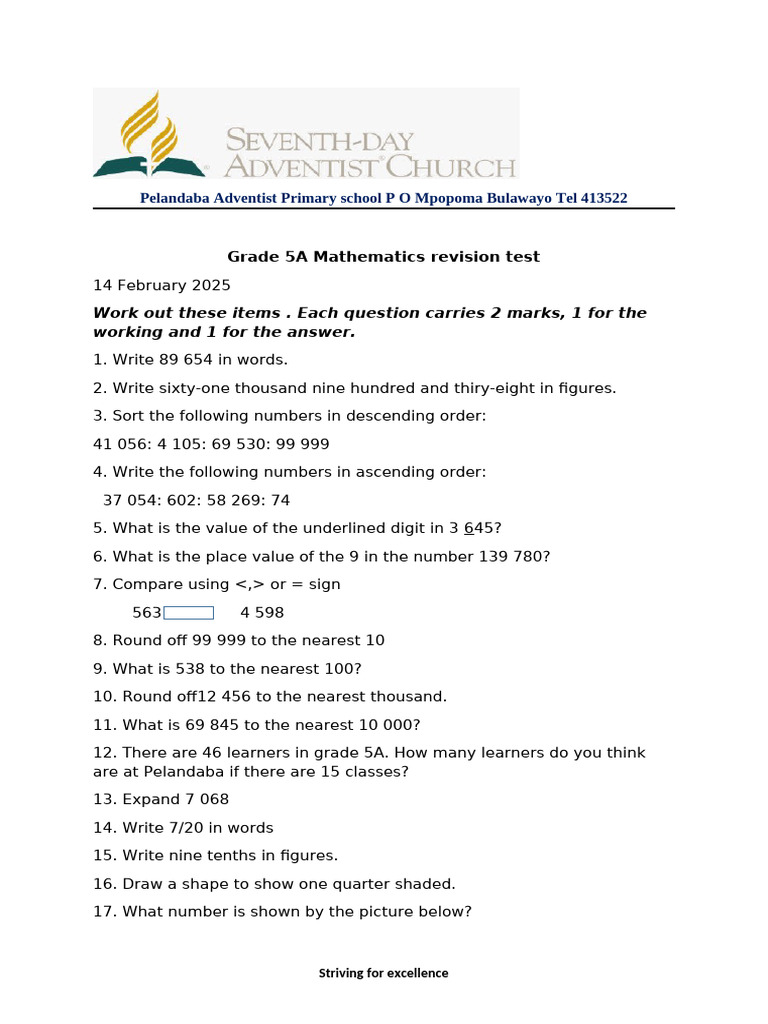 Grade 5A Mathematics Revision Test 1_023704 | PDF