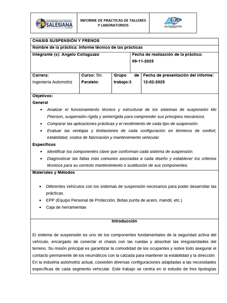 Informe Sistemas de Suspensión Collaguazo Angelo | PDF | Eje | Vehículo ...