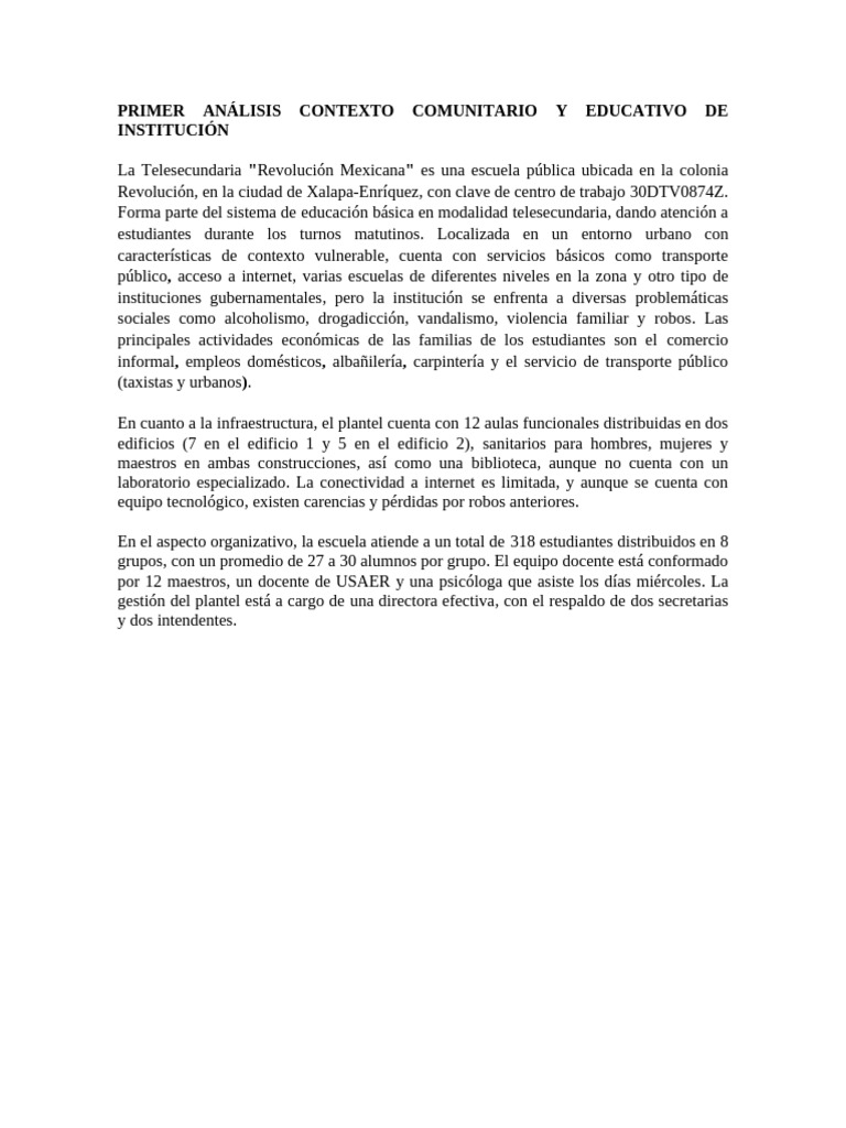 Primer Análisis Contexto Comunitario y Educativo de Institución | PDF