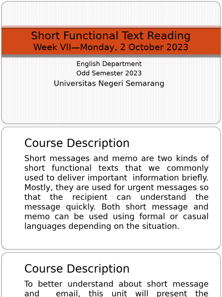 Short Functional Text Reading Odd Semester 2023 (Week VII) - Monday, 2 ...