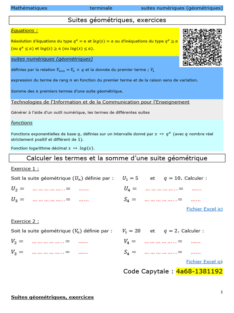 Exercices sur les suites géométriques | PDF | Somme (arithmétique ...