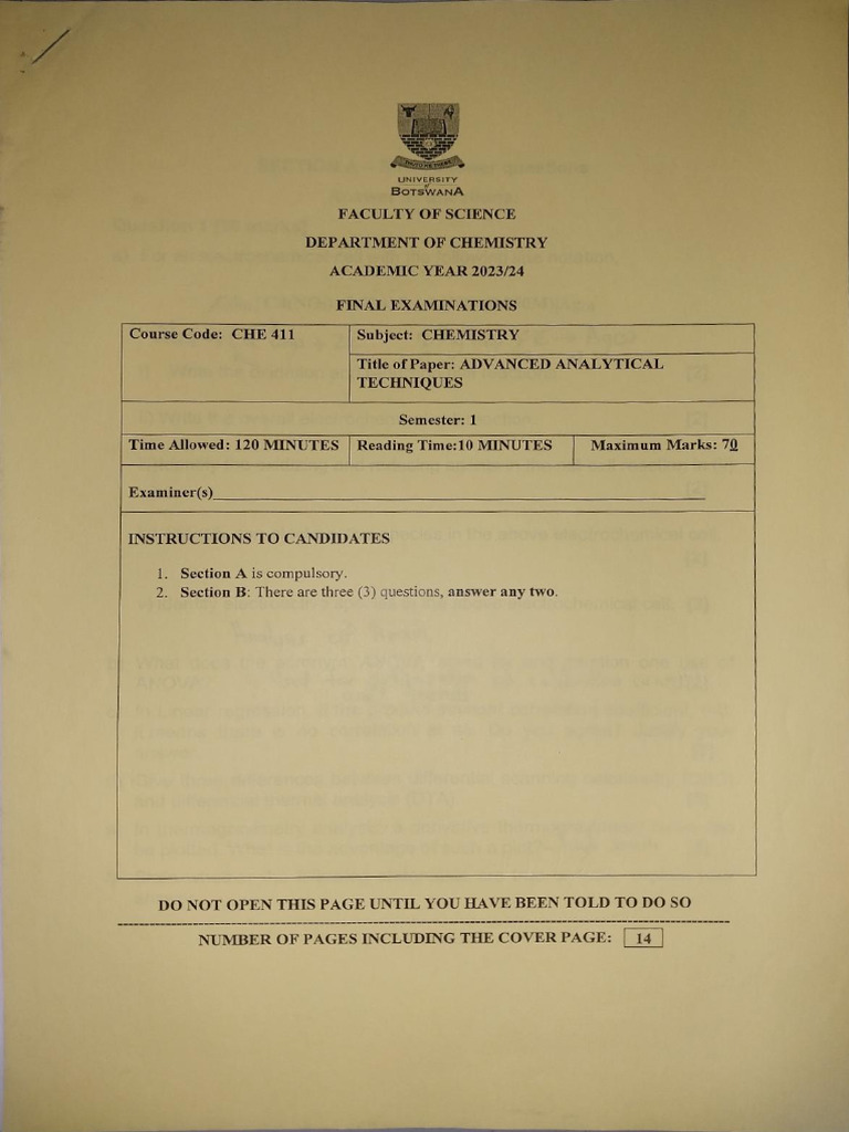 Che 411 Final Exam 2023 | PDF | Analytical Chemistry | Physical Sciences