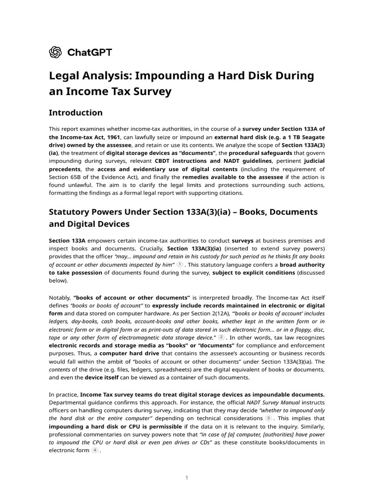 Legal Analysis - Impounding A Hard Disk During An Income Tax Survey ...