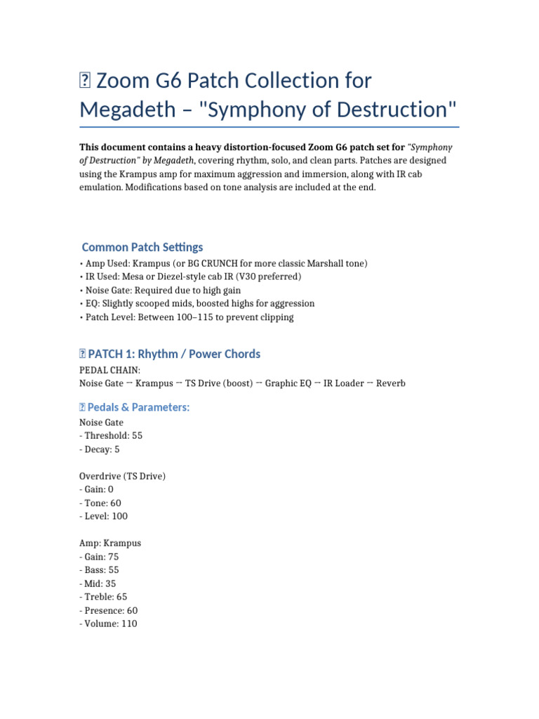 Megadeth "Symphony" Zoom G6 Patches | PDF | Irish Musical Instruments ...