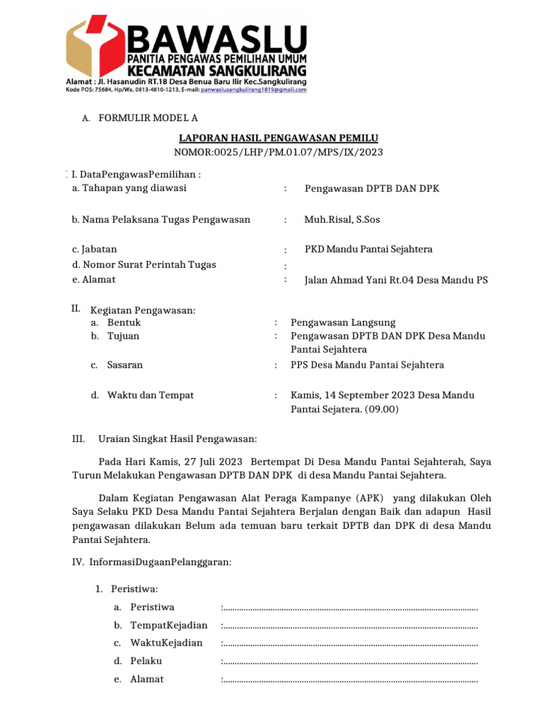 Form A - 025 - Pengawasan DPTB DAN DPK - Desa Mandu Pantai Sejahtera | PDF
