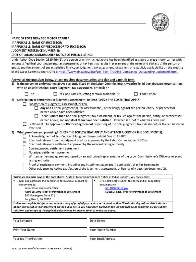 SB 1402 Proof of Payment or Settlement Form | PDF | Tax Lien | Judgment ...