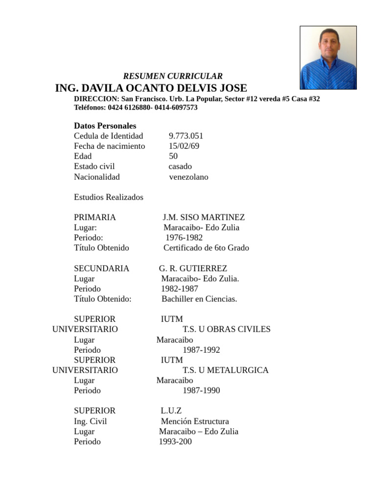 Currículum de Ing. Delvis Davila Ocanto | PDF | Presupuesto