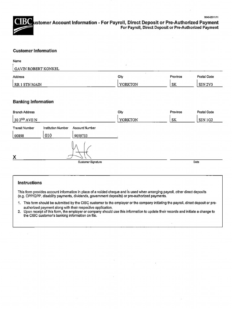 CIBC Direct Deposit Information Form | PDF