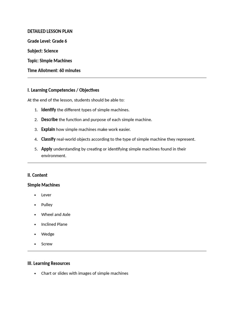 Grade 6 Science Lesson on Simple Machines | PDF | Machines | Tools