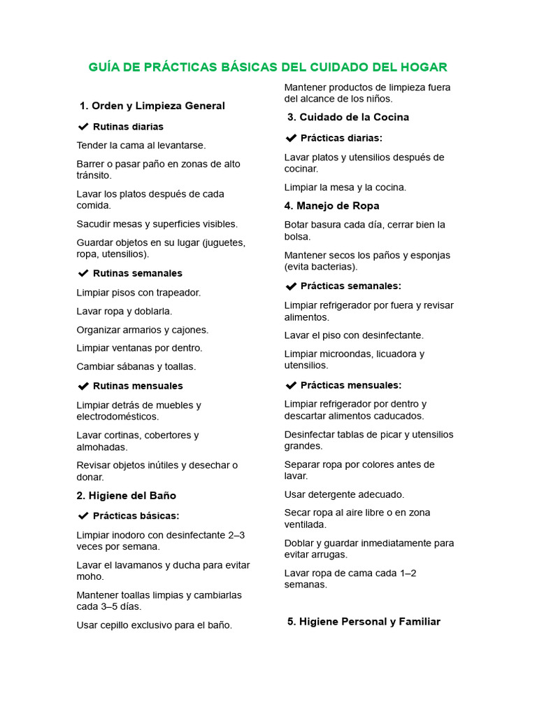 Guía de Prácticas Básicas Del Cuidado Del Hogar | PDF | Higiene | Residuos