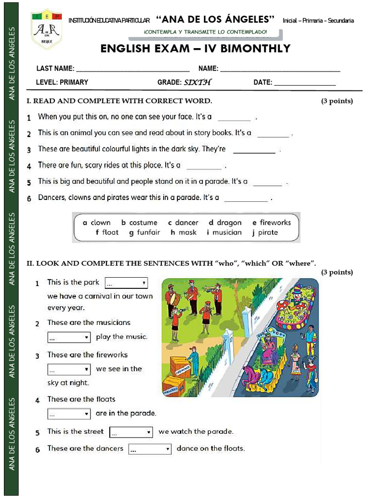 6th Grade - Bimonthly English Exam - IV Bim | PDF