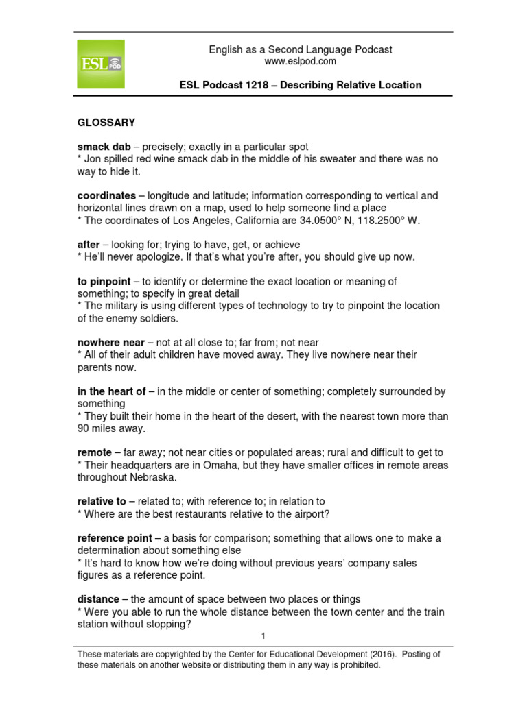ESL Podcast 1218 - Describing Relative Location | PDF | English As A ...