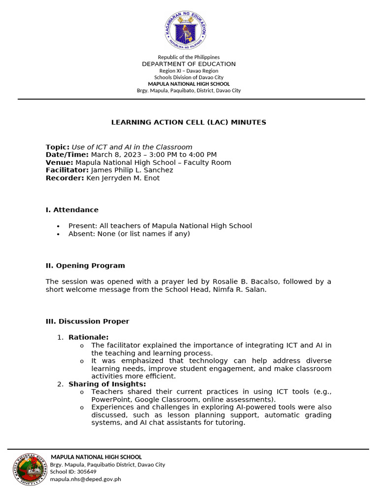 Learning Action Cell (Lac) Minutes | PDF | Educational Technology ...