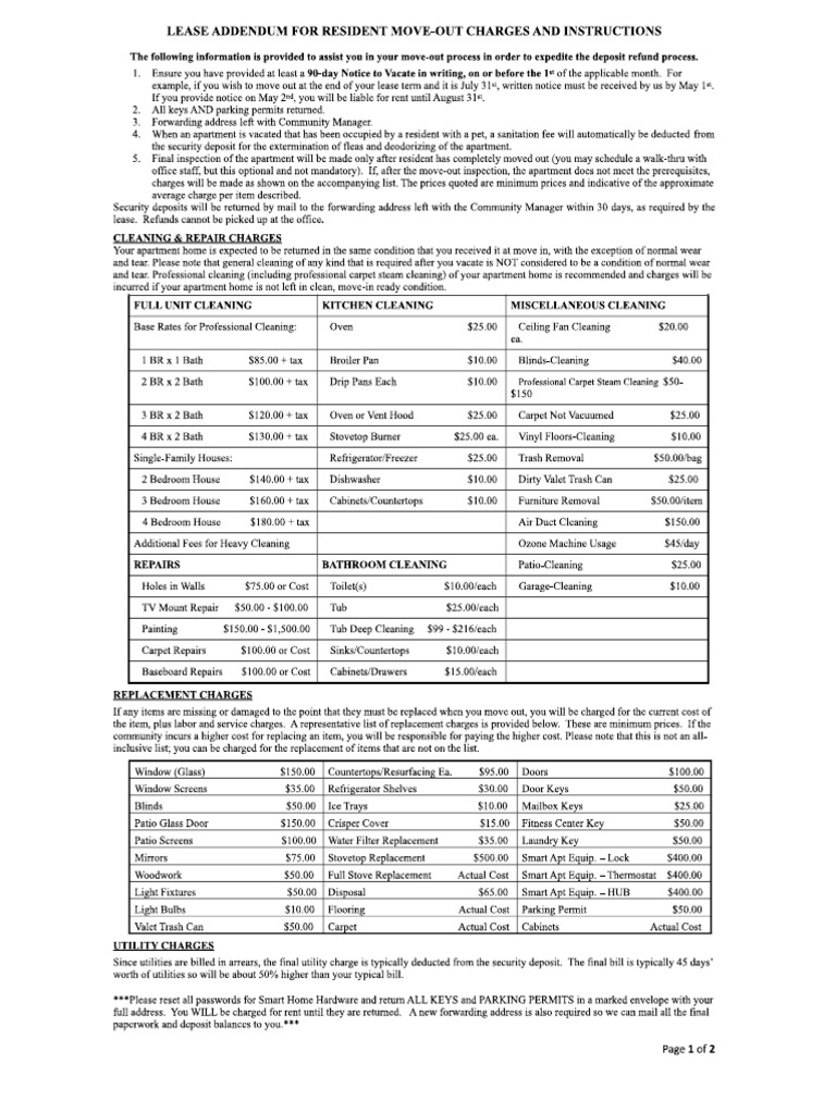 Move Out Charges & Instructions | PDF