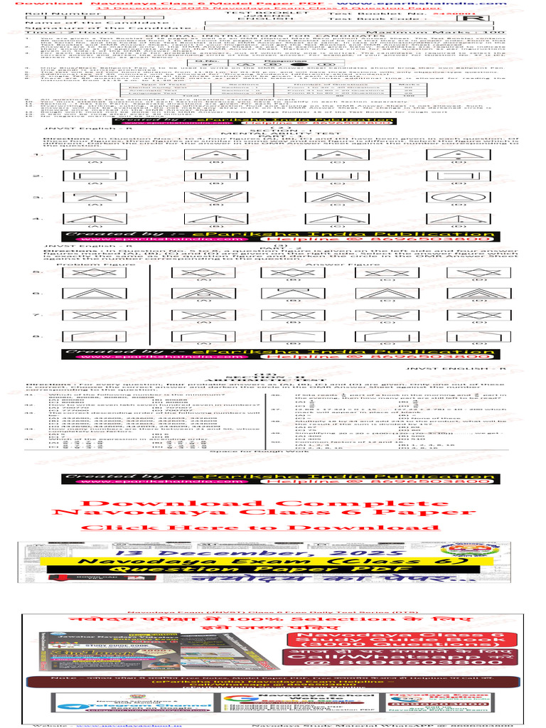 13 December 2025 Navodaya Exam Class 6 Question Paper - Compressed | PDF