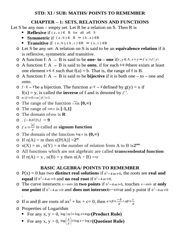 Class Xi Maths Points to Remember Chapter 1 to 12 Vol 1 & 2 (1) | PDF ...