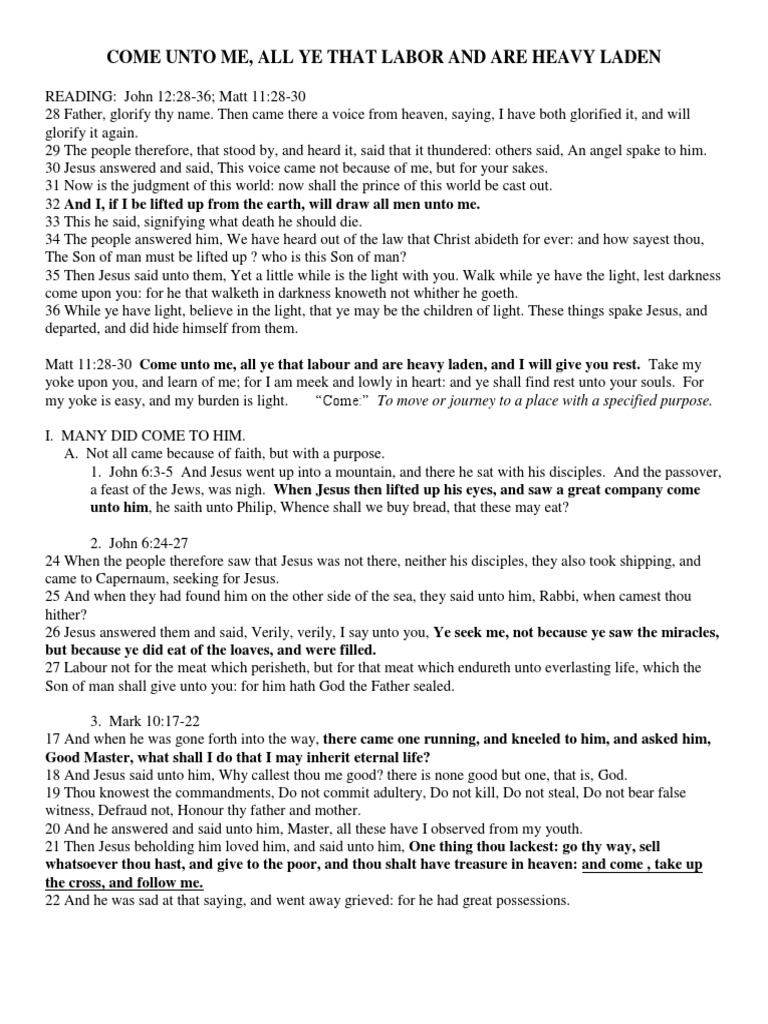 Come Unto Me All Ye That Labor and Are Heavy Laden Sermon and Outline ...