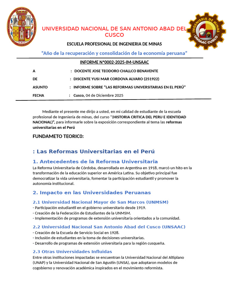 Informe de Historia | PDF | Universidad | Plan de estudios