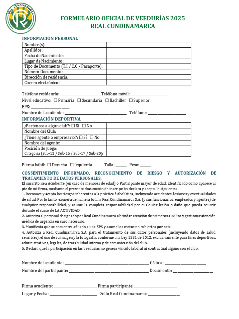 Formulario Veedurías 2025 Real Cundinamarca | PDF | Consentimiento ...