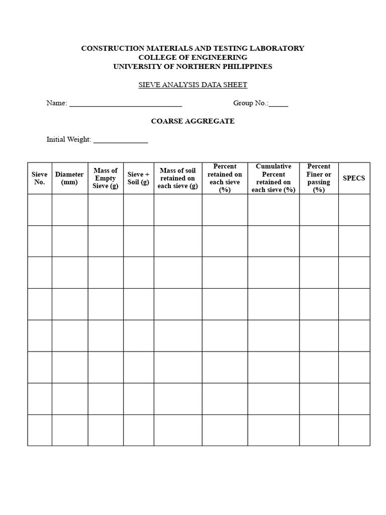 Sieve Analysis Data Sheet Template | PDF