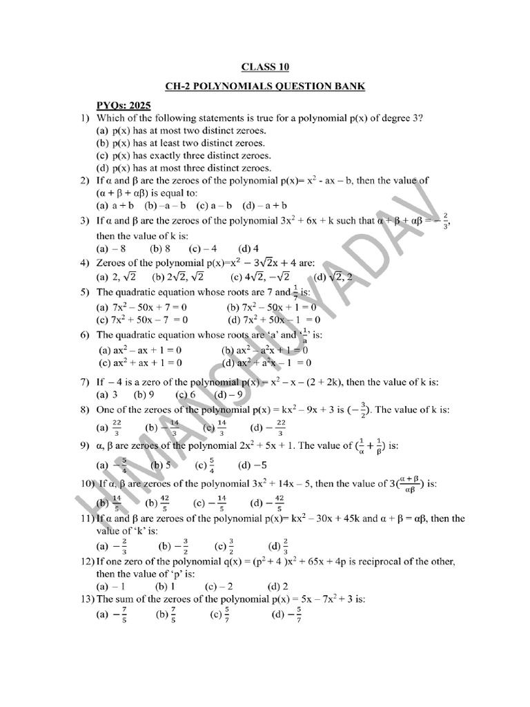 10th - Maths Ch-2 Question Bank | PDF