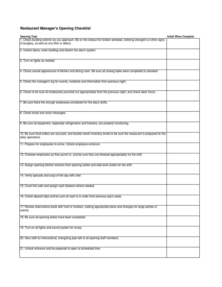 Restaurant Manager Opening Checklist