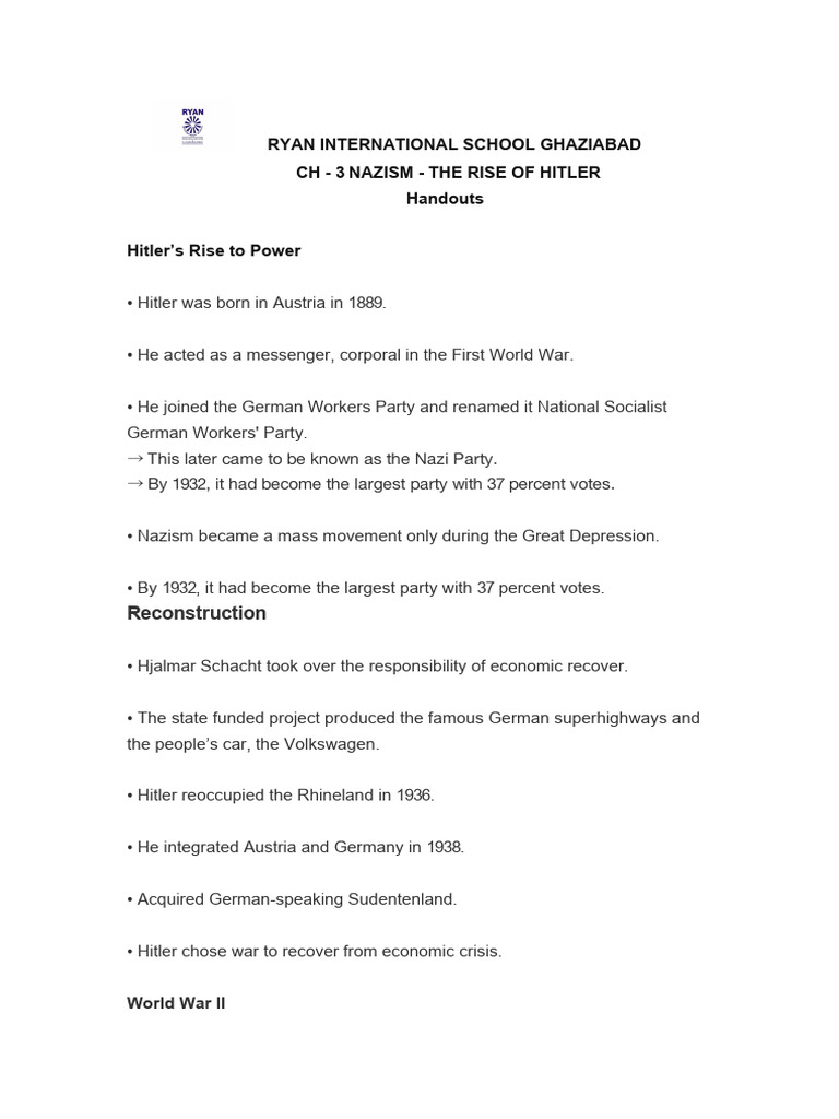 Ch-3 Nazism - The Rise of Hitler - Handout | PDF
