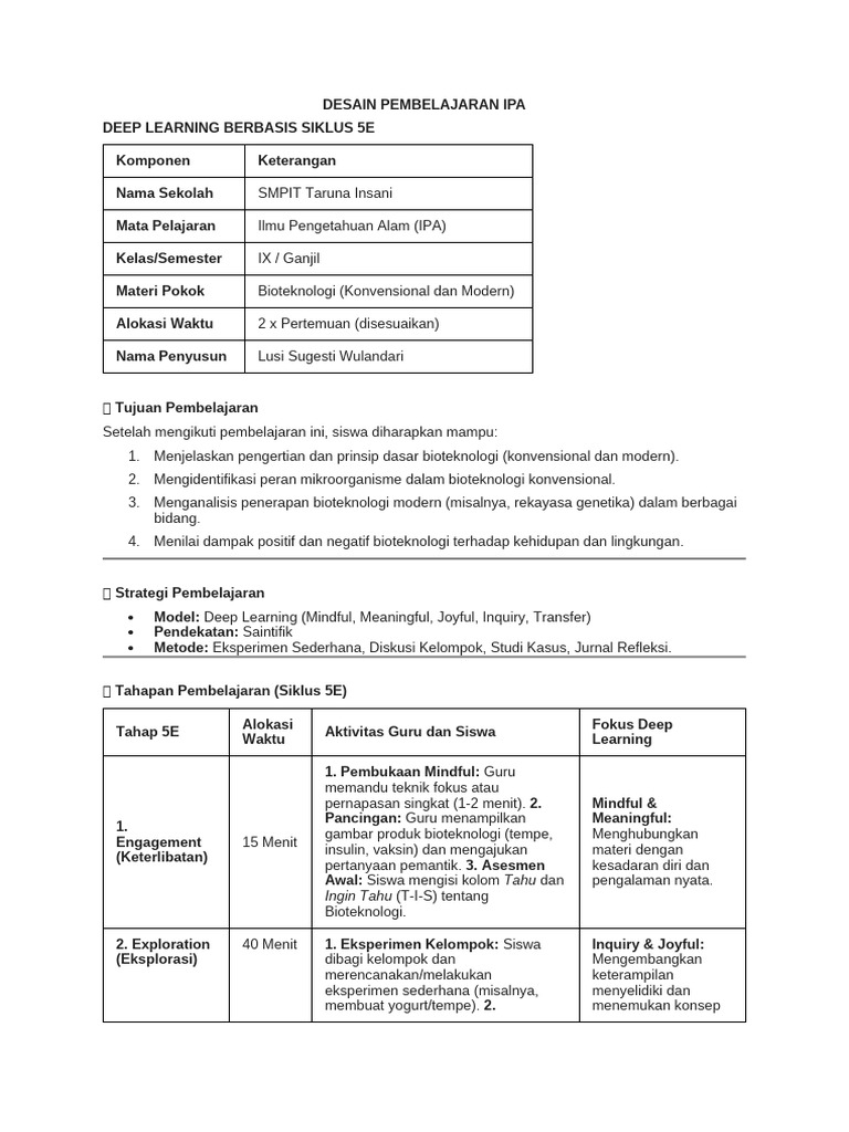 Desain Pembelajaran IPA Bioteknologi 5E | PDF