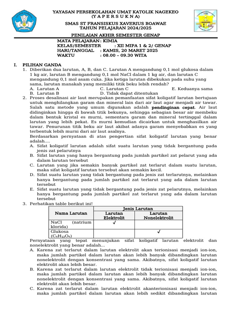 Soal Pas Kimia Ganjil 2024 Kelas Xii | PDF