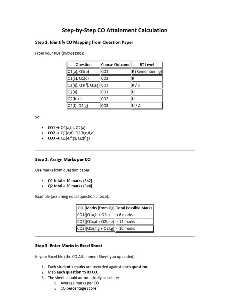 Co Attainment Calculation Process Sessional Exam | PDF