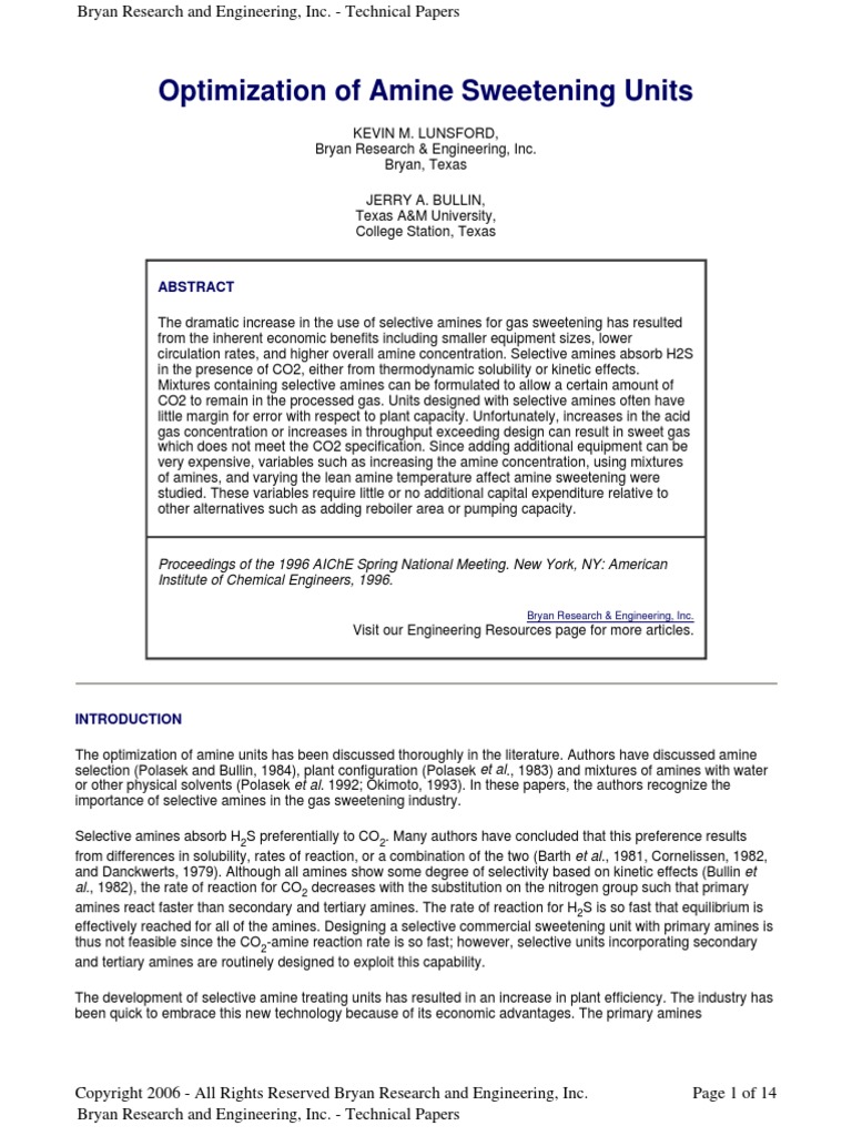 Optimization of Amine Sweetening Units | PDF | Chemical Substances ...