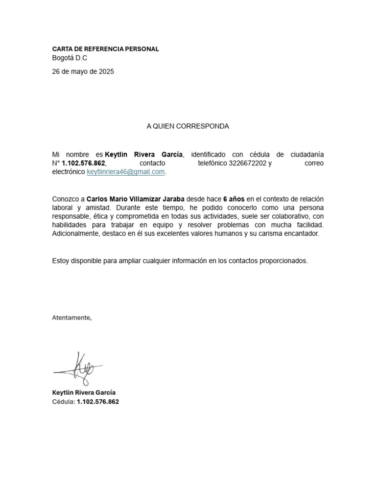 Carta de Referencia Personal para Carlos Villamizar | PDF