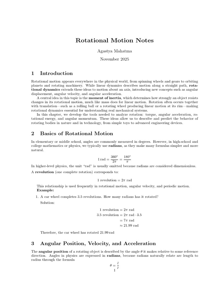 Rotational Motion Notes | PDF | Rotation Around A Fixed Axis | Torque
