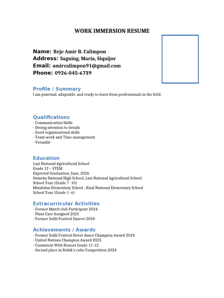 Work Immersion Resume Template | PDF