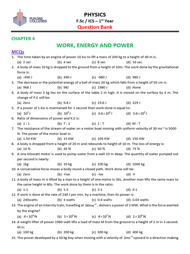 1st Year Physics CH#4 Work, Energy and Power QB | PDF | Force | Mass