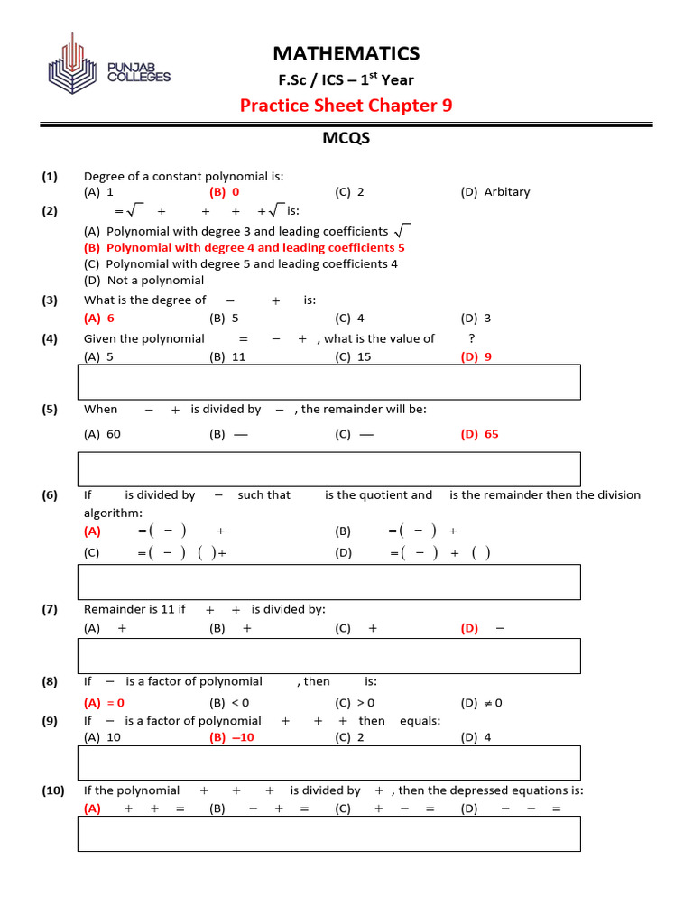 1st Year Mathematics MCQs on Polynomials | PDF | Polynomial | Errors ...