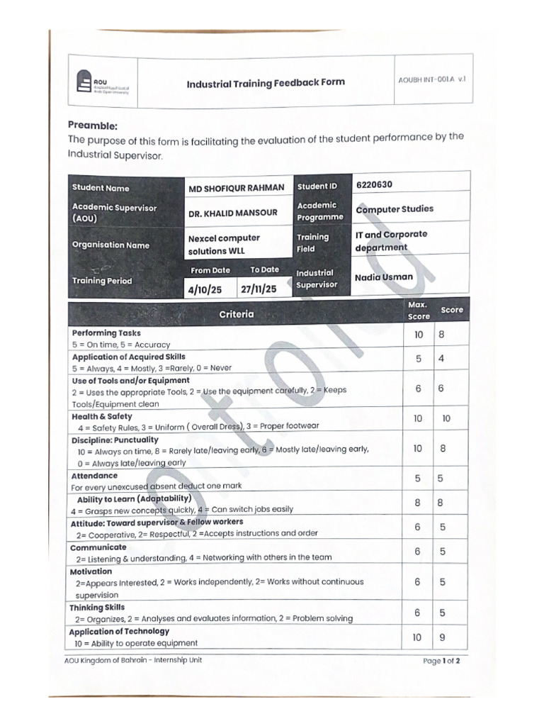 Industrial Training Feedback Form | PDF