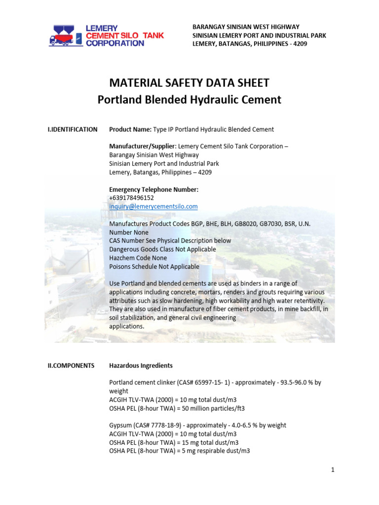 MSDS- Porland Blended Hydraulic Cement - Lemery Cement Silo Tank ...