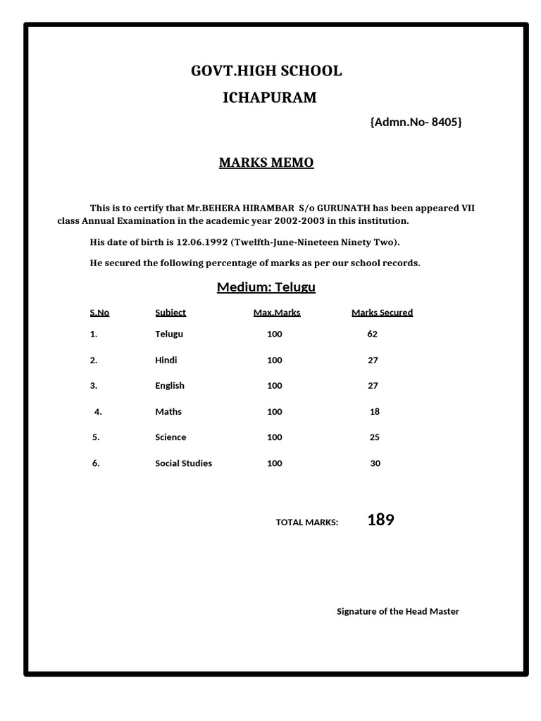 VII Class Marks Memo for Behera Hirambar | PDF