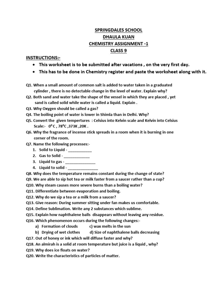 Chapter 1 Worksheet 1 Class 9 Chemistry | PDF