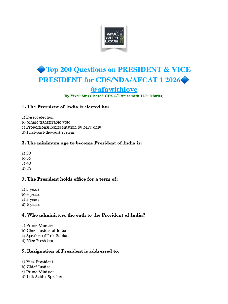 Top 200Q On PRESIDENT & VICE PRESIDENT by Vivek Sir @vivekdefence | PDF ...